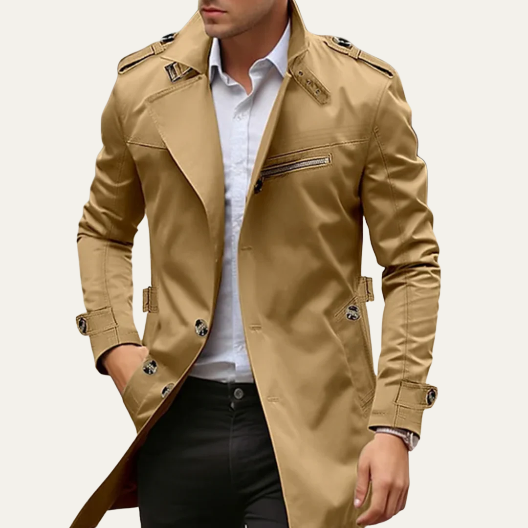 Men’s Long Trench Coat – Single Breasted Notched Lapel Design – VogeLuxe