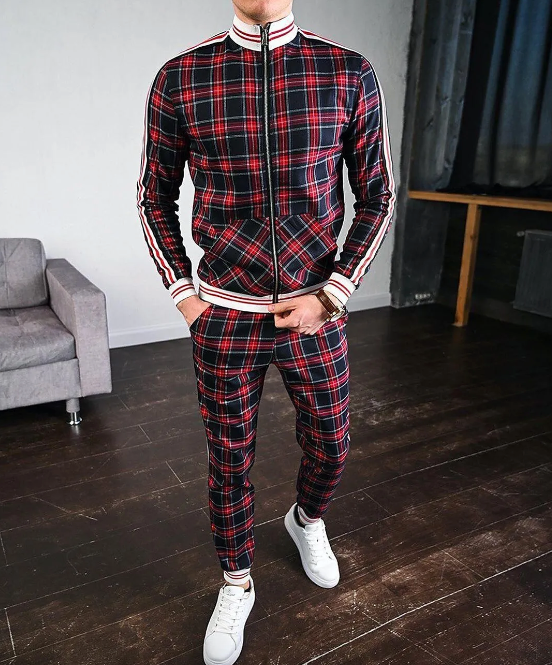 Men's Checkered Tracksuit Co-Ord Set with Striped Cuffs – VogeLuxe