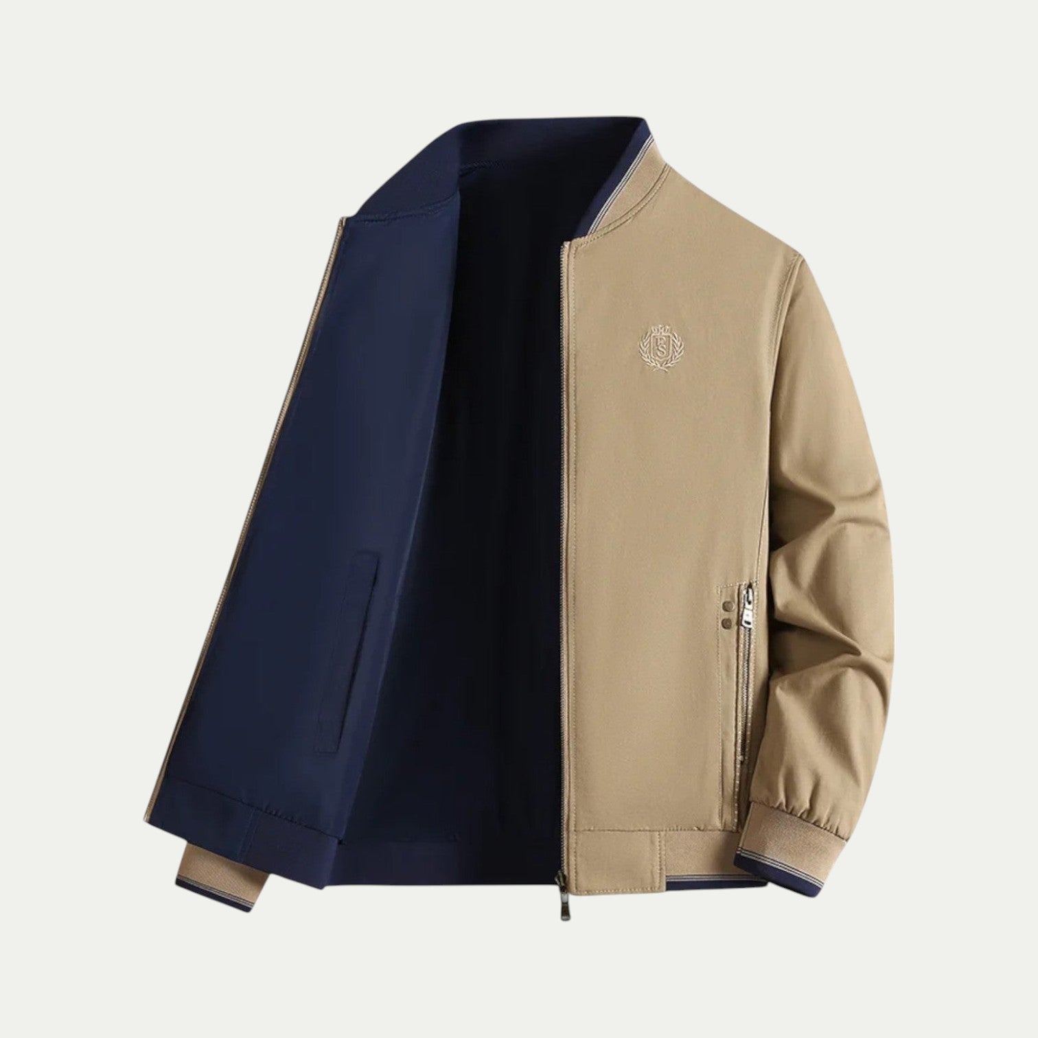 Men’s Reversible Bomber Jacket – Stylish Crest Zip-Up Coat – VogeLuxe