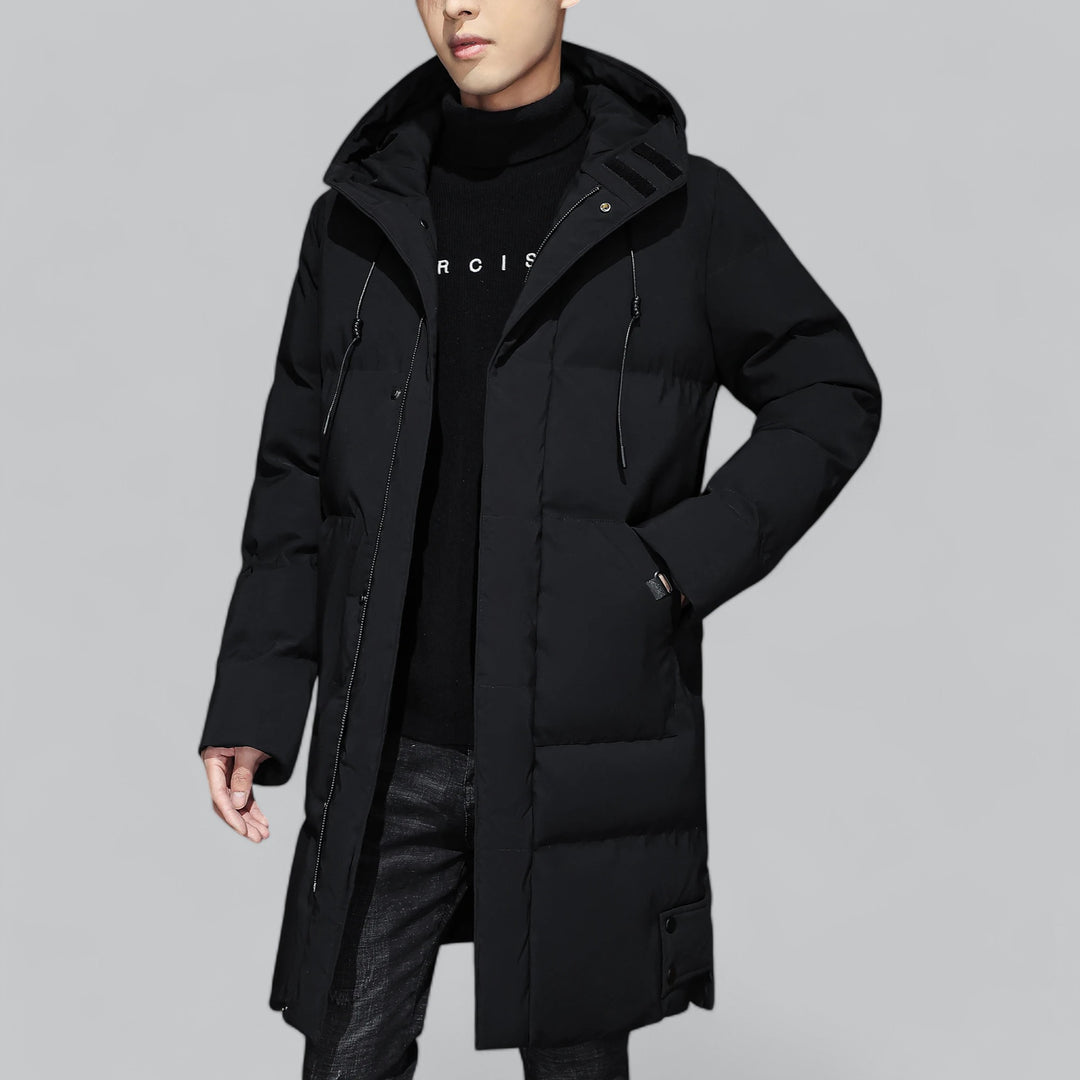 Men’s Long Puffer Coat – Warm Insulated Hooded Jacket – VogeLuxe