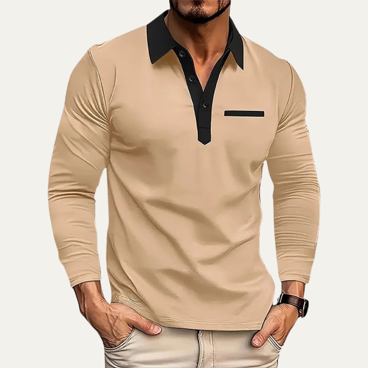 Men’s Contrast Collar Long Sleeve Polo Shirt Casual Top – VogeLuxe