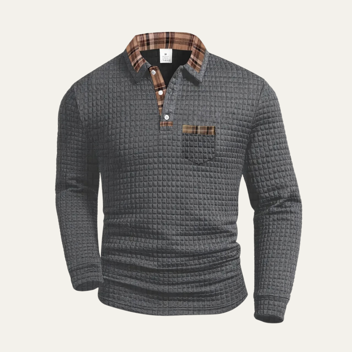 Men’s Waffle Knit Polo Shirt Warm Plaid Collar Top – VogeLuxe