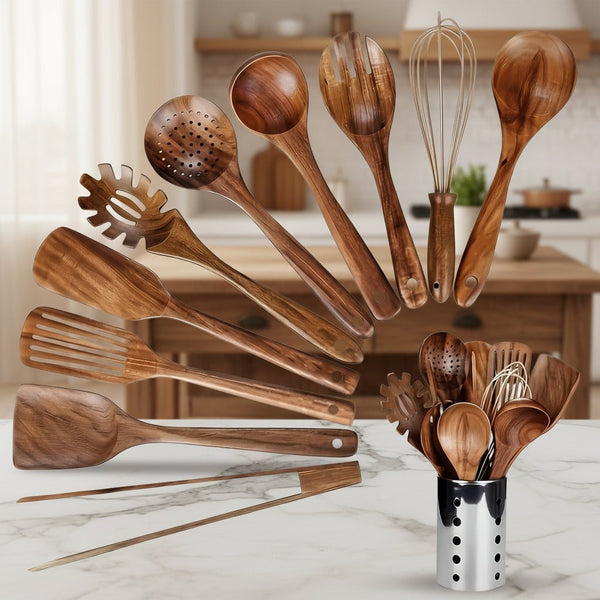 Kitchen Utensil Set Teak Wood Cooking Tools Storage Holder – VogeLuxe