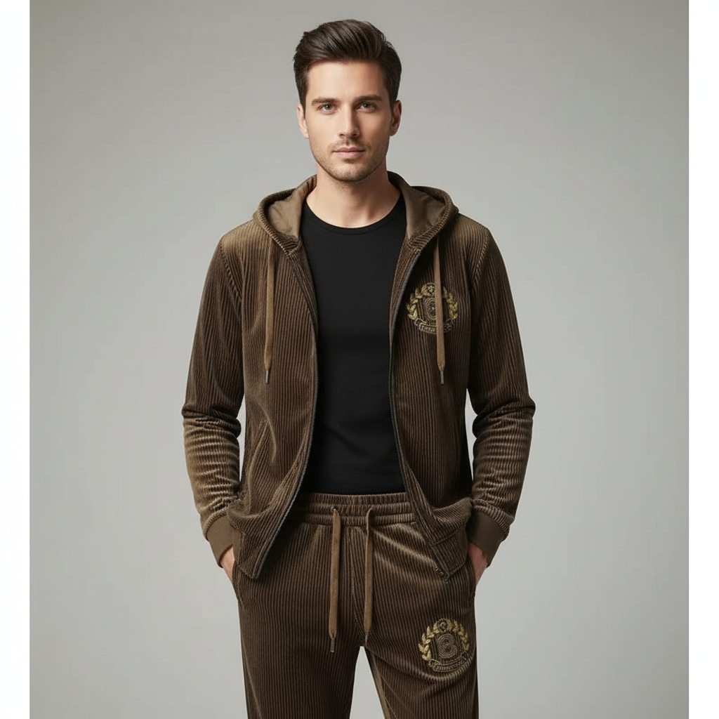 Men’s Gold Velvet Tracksuit – Hooded Zip Jacket & Joggers – VogeLuxe